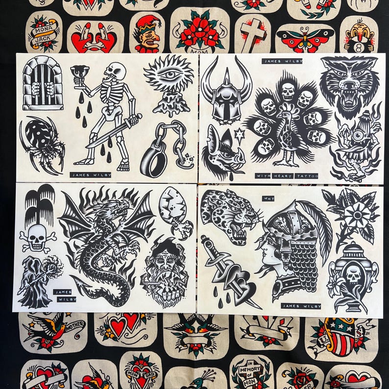 Blackwork A4 TATTOO FLASH SHEET Set | Traditional Flash | Tattoo Flash ...