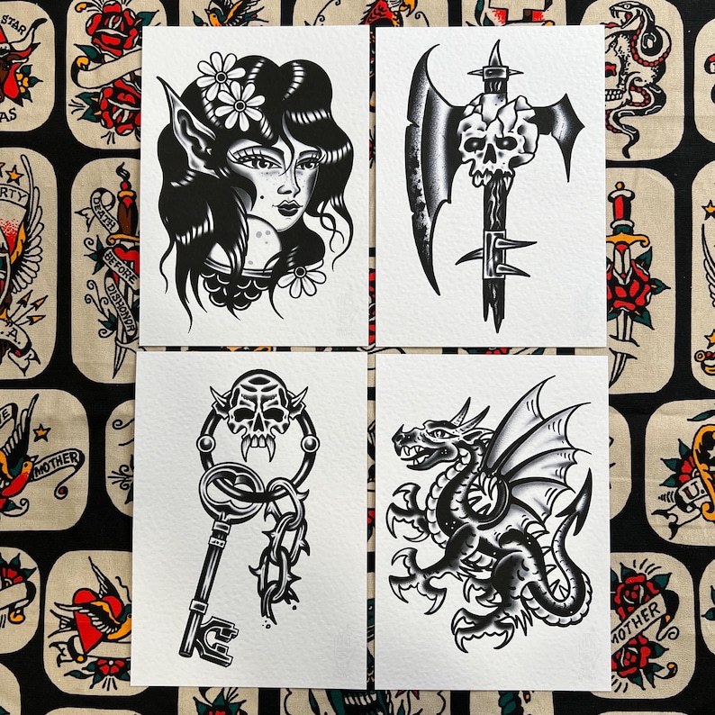 Blackwork Set 4 A5 TATTOO FLASH SHEET | Traditional Flash | Tattoo ...