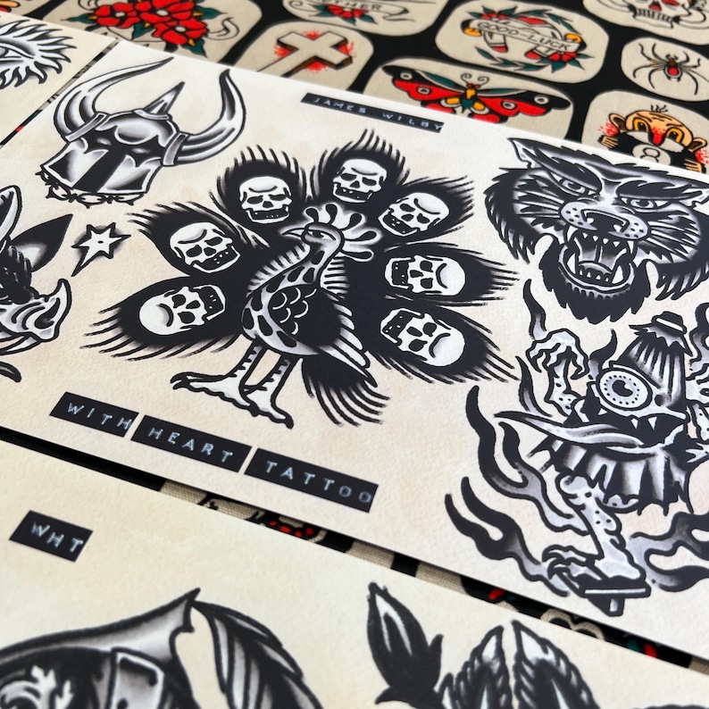 Blackwork A4 TATTOO FLASH SHEET Set | Traditional Flash | Tattoo Flash ...