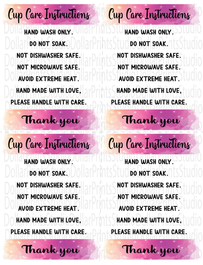 Ready to Print Cup Care Instruction Cards Instant Download,vinyl ...