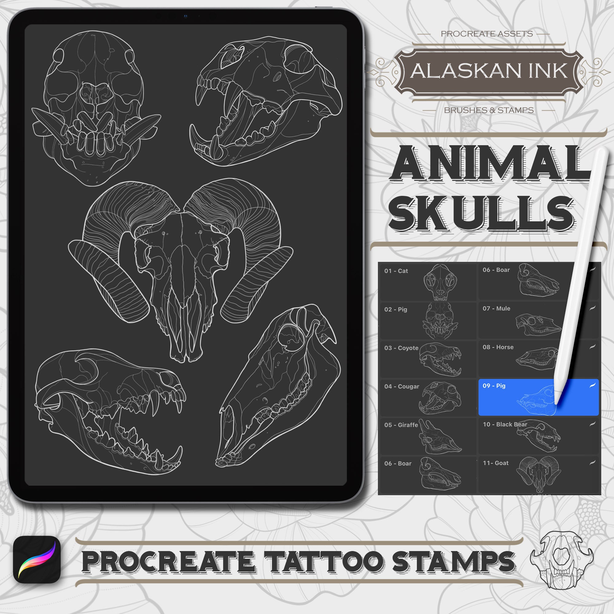 Art & Collectibles Procreate App 50 Animals & Ornaments Brushes Digital ...