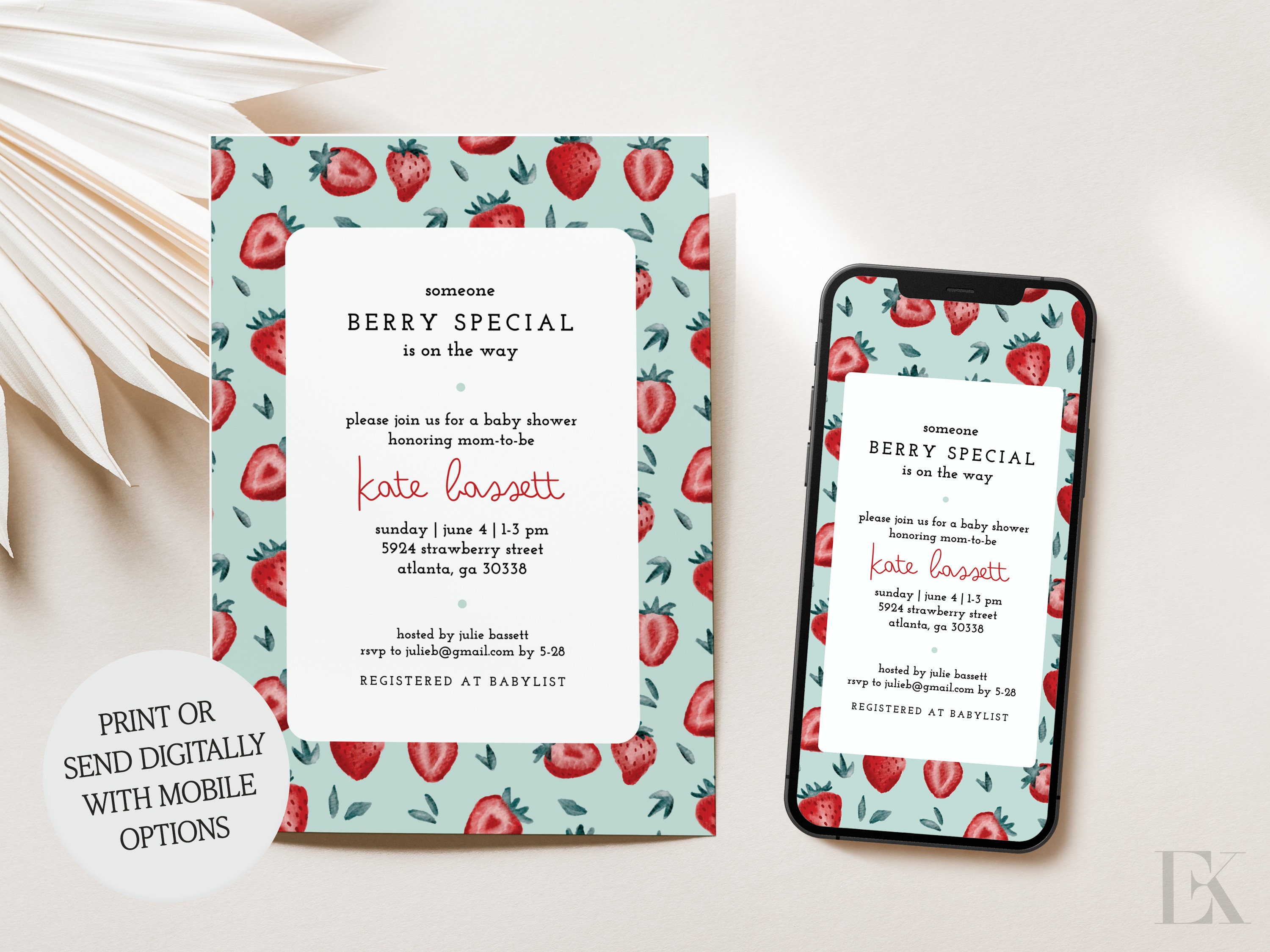 Berry Special Printable Editable Baby Shower Invite With Watercolor ...