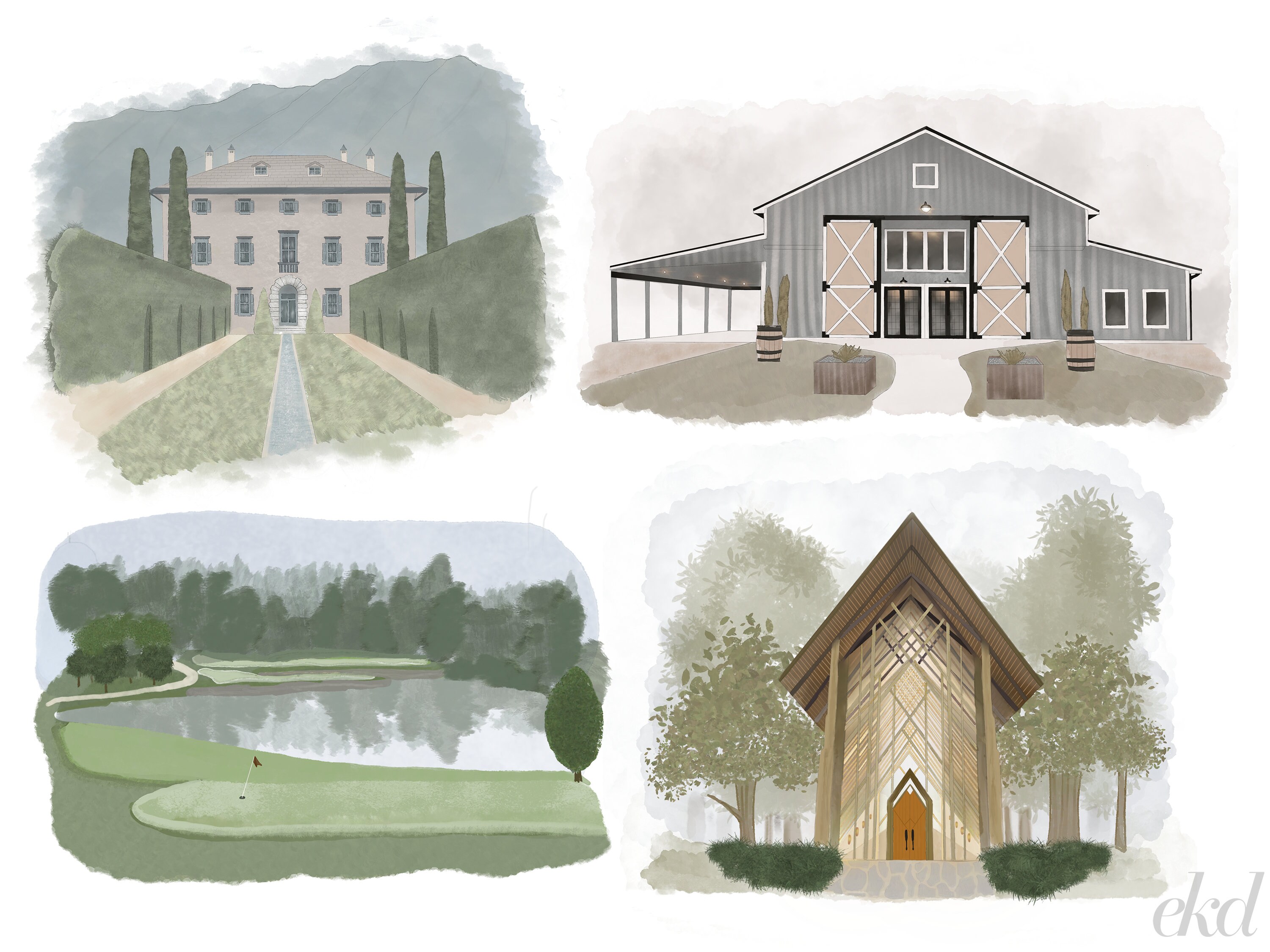 Custom Hand-drawn Wedding Venue Drawing, Digital Portrait, Watercolor ...