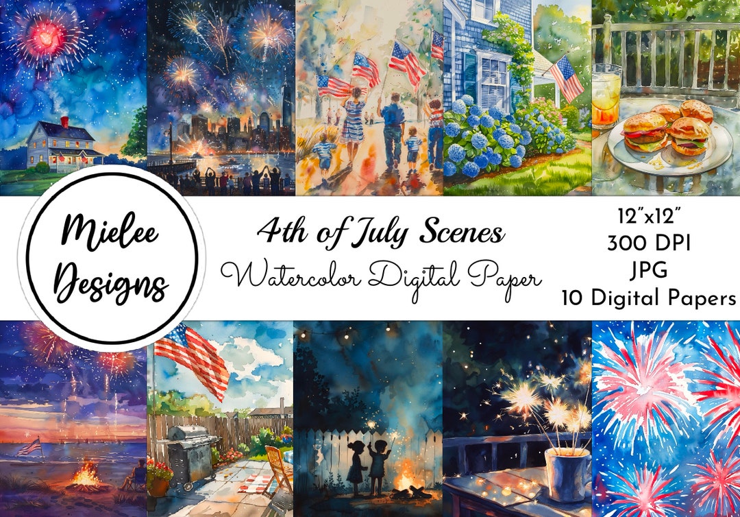 4th of July Scenes, Independence Day Scenes, Watercolor, Digital Paper ...