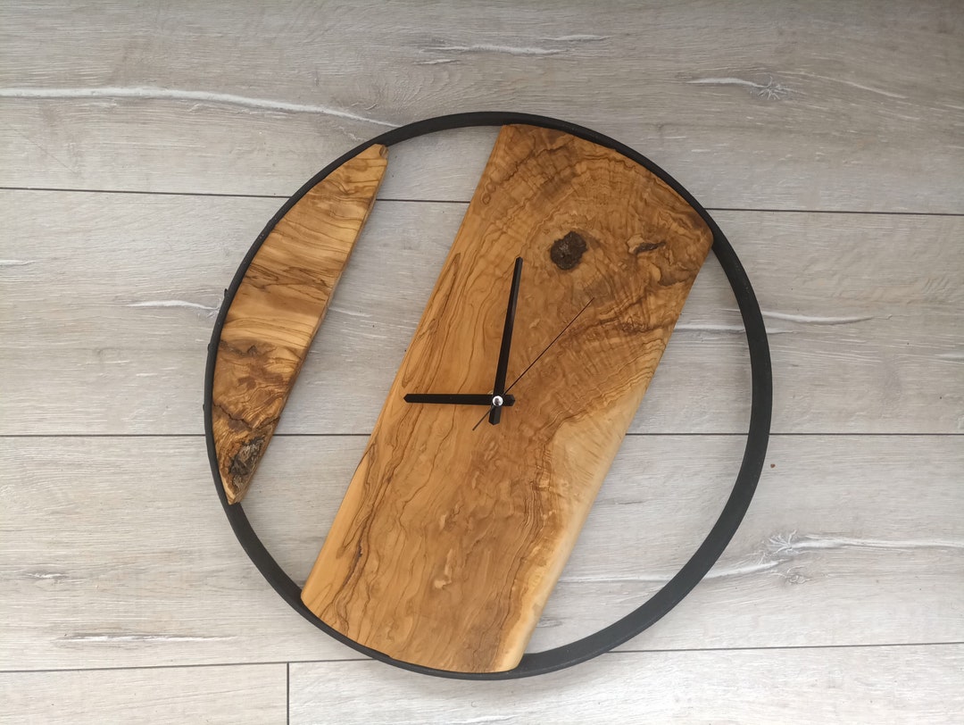 18, İron Frame Wood Clock, Tree Slice Clock, Natural Wood Clock, Wooden ...