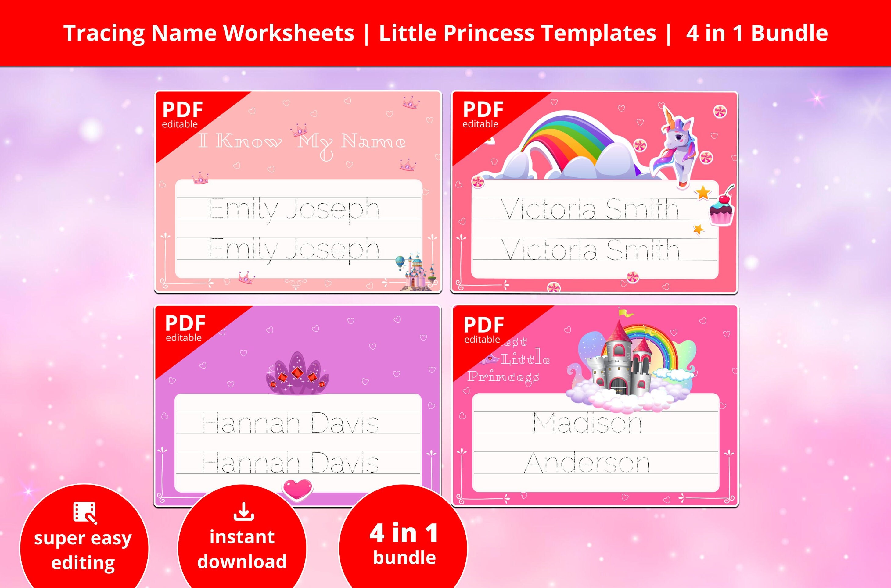 Custom Tracing Name Worksheets Little Princess Templates 4 in 1 Bundle ...