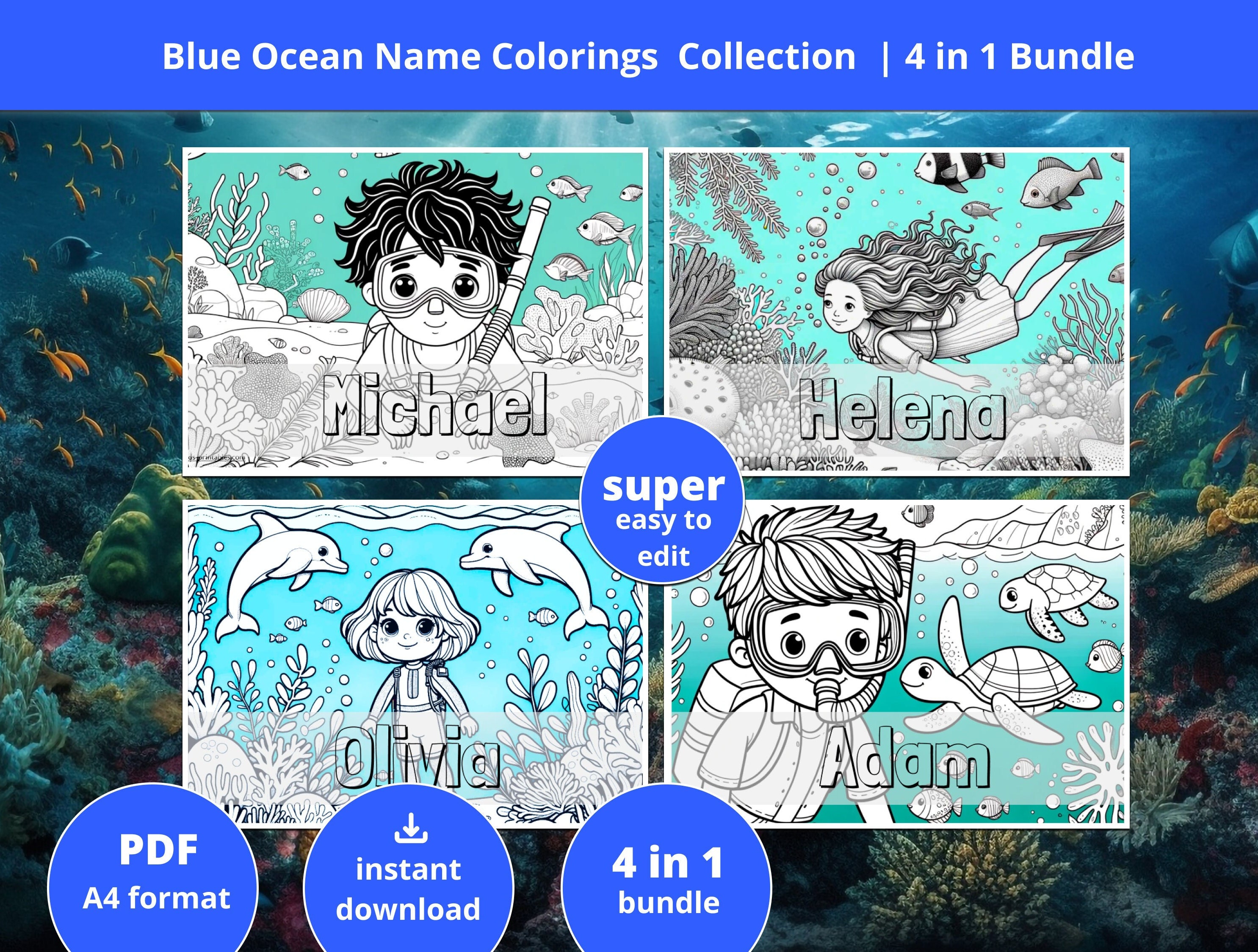Ocean Colorings for Kids | Editable Name Sheets | Editable PDF 4 in 1 ...