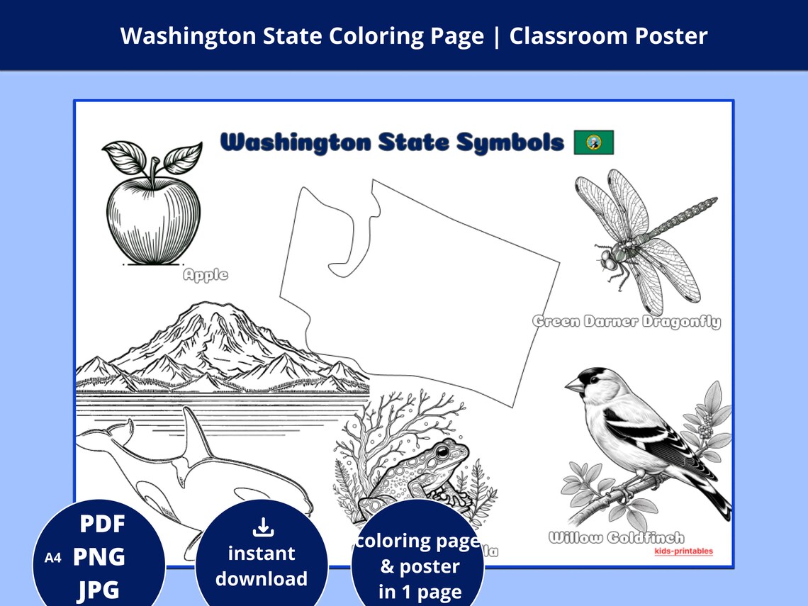Washington State Symbols Art Print | Washington State Coloring Page ...