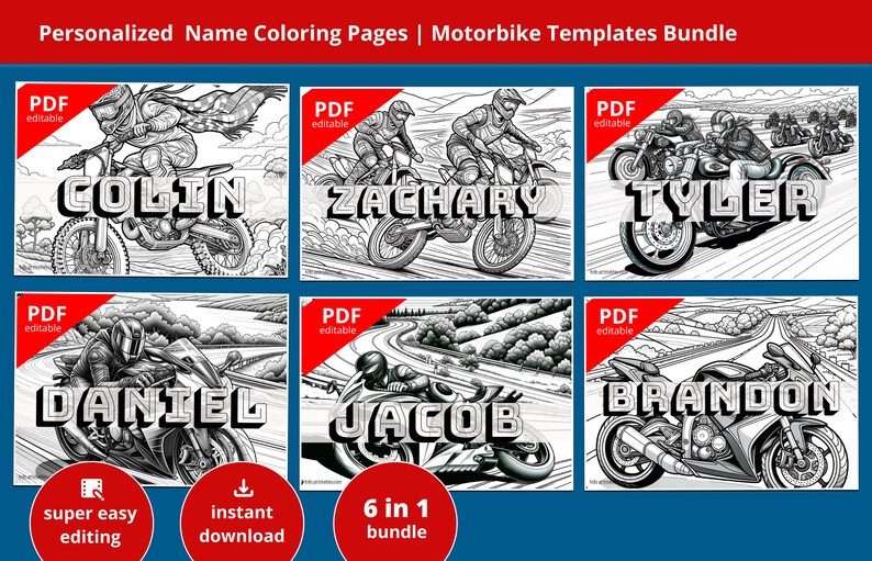 Personalized Name Coloring Pages | Motorbike Templates Bundle | Custom ...
