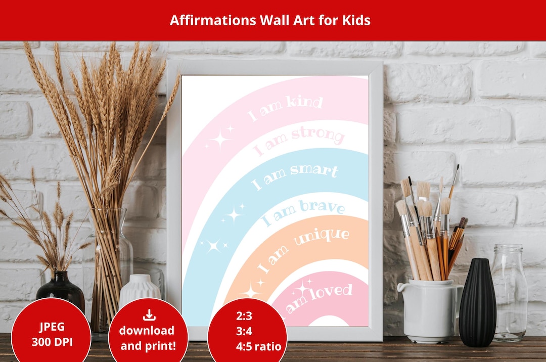 Rainbow Affirmations Wall Art | Affirmations for Kids | I Am Kind Smart ...