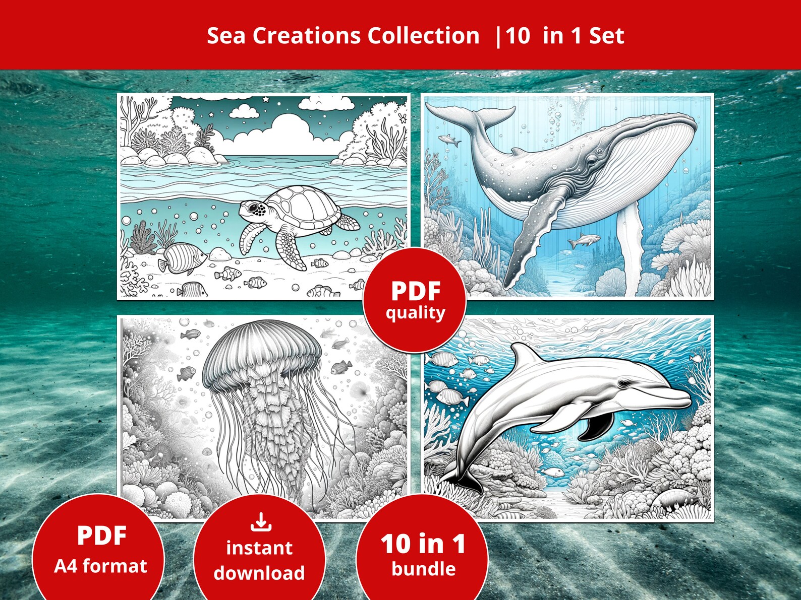 Sea Creations Coloring Pages Collection 10in 1 Bundle | PDF Coloring ...