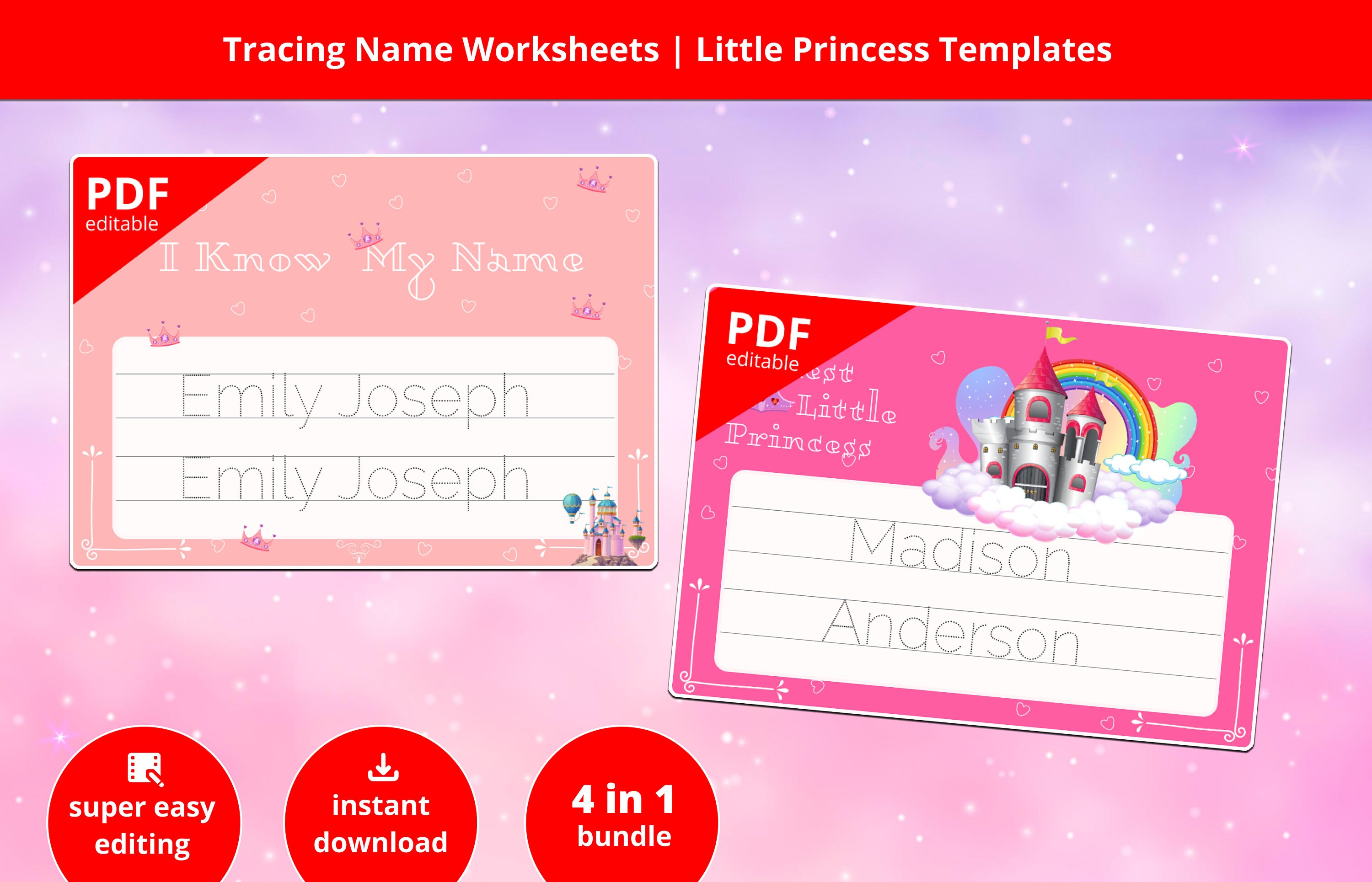 Custom Tracing Name Worksheets Little Princess Templates 4 in 1 Bundle ...