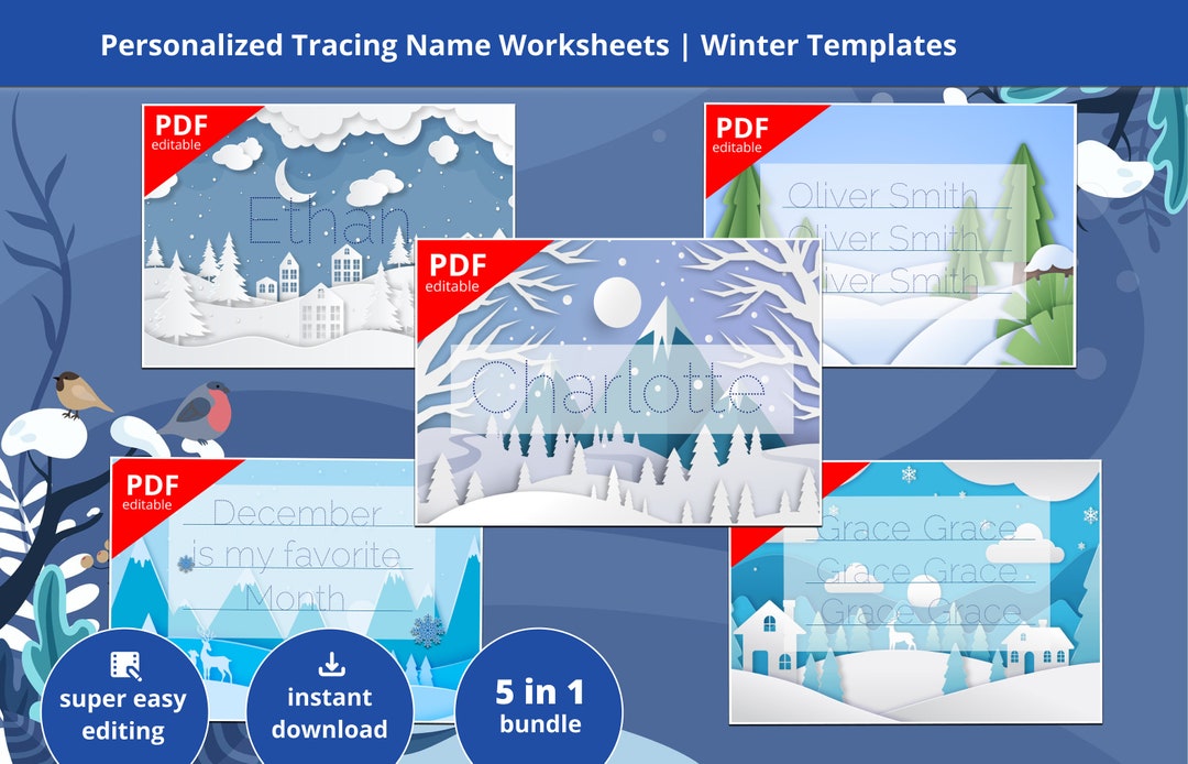 Personalized Name Tracing Worksheets Winter Templates 5 in 1 Pack ...