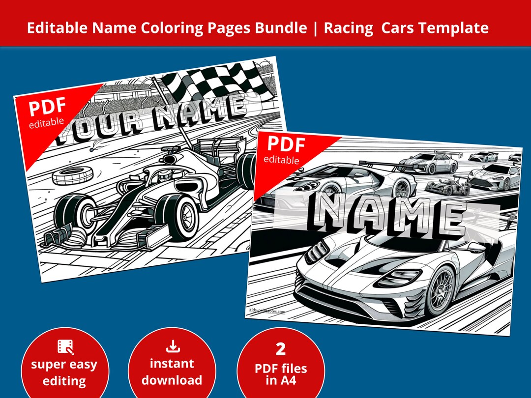 Editable Name Coloring Page Bundle Racing Cars Theme Adult Colorings ...