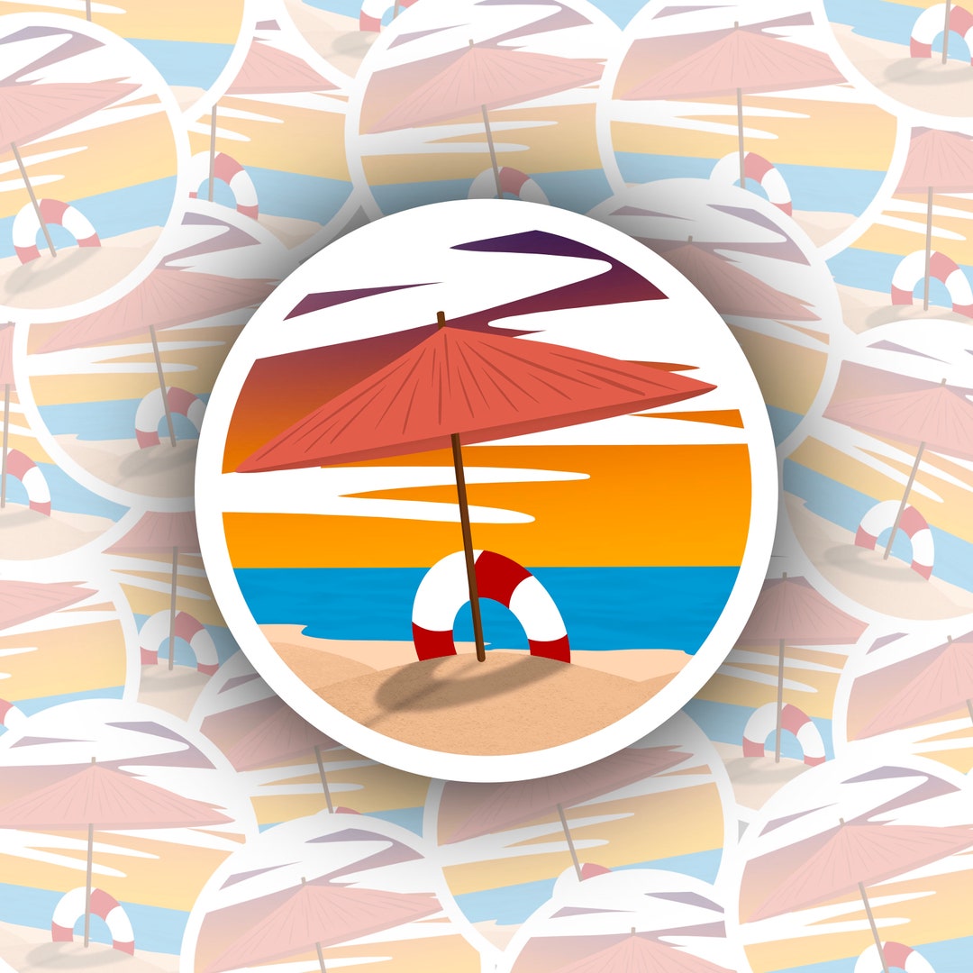Beach Scene Sticker Sunset Sticker Circle Sticker Waterproof Vinyl ...