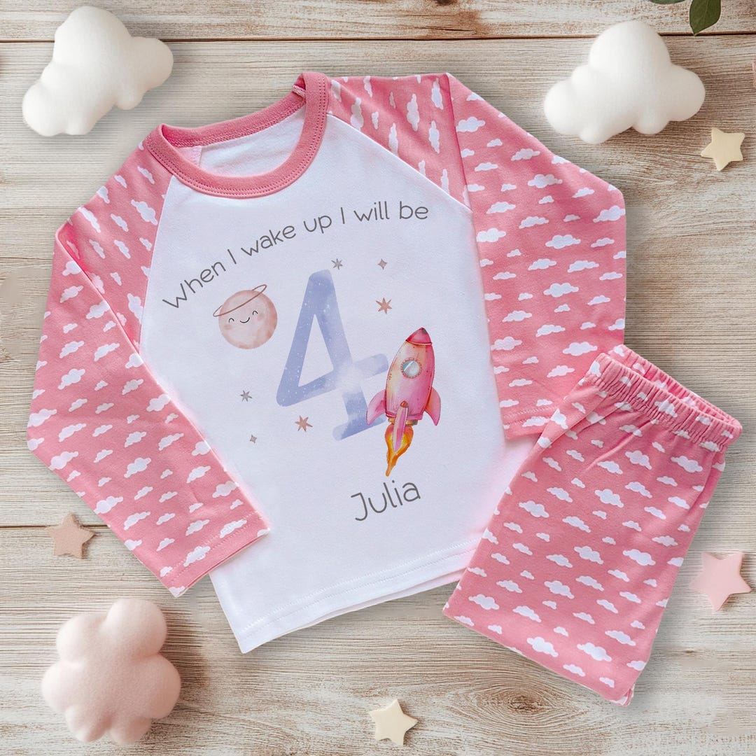 When I Wake up I Will Be Four Personalised Pyjamas Set-pink Space Theme ...