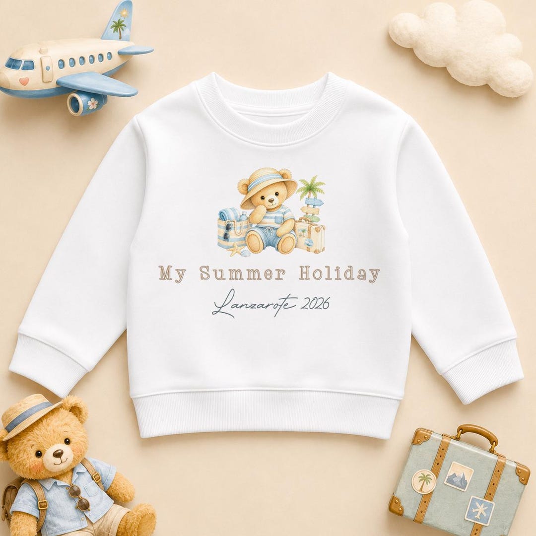Personalised Boys First Summer Holiday Sweatshirt, Bear Beach Kids Top ...