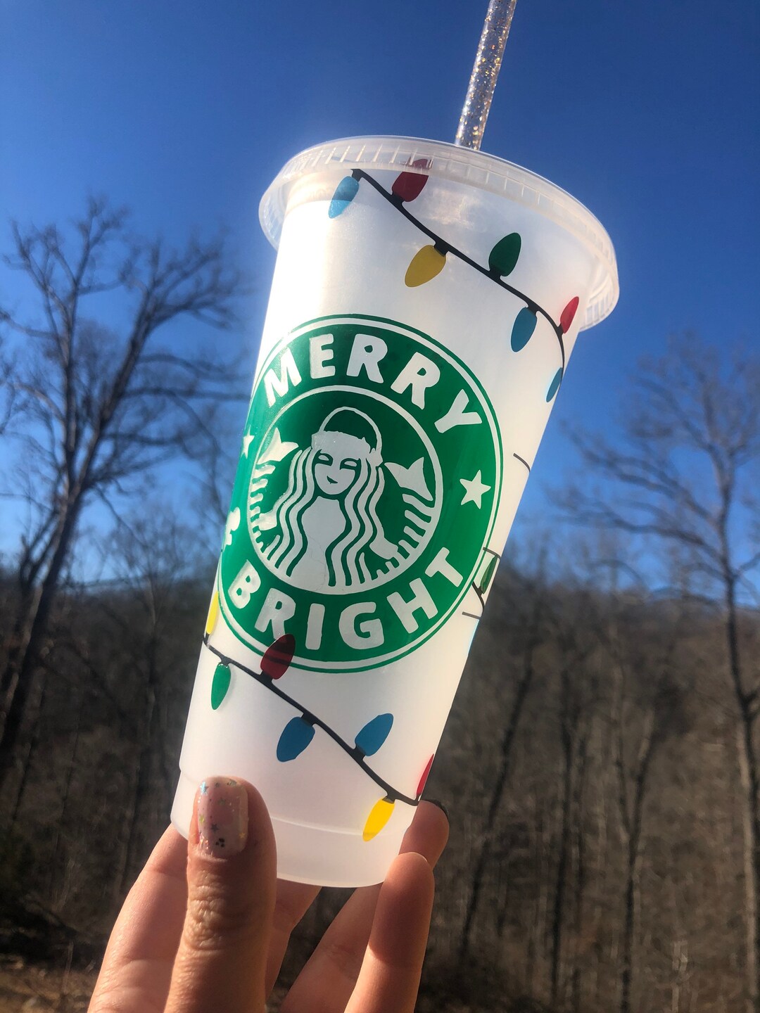 Christmas Lights Reusable Starbucks 16 Oz Cup With Lid and Sparkly Gold ...
