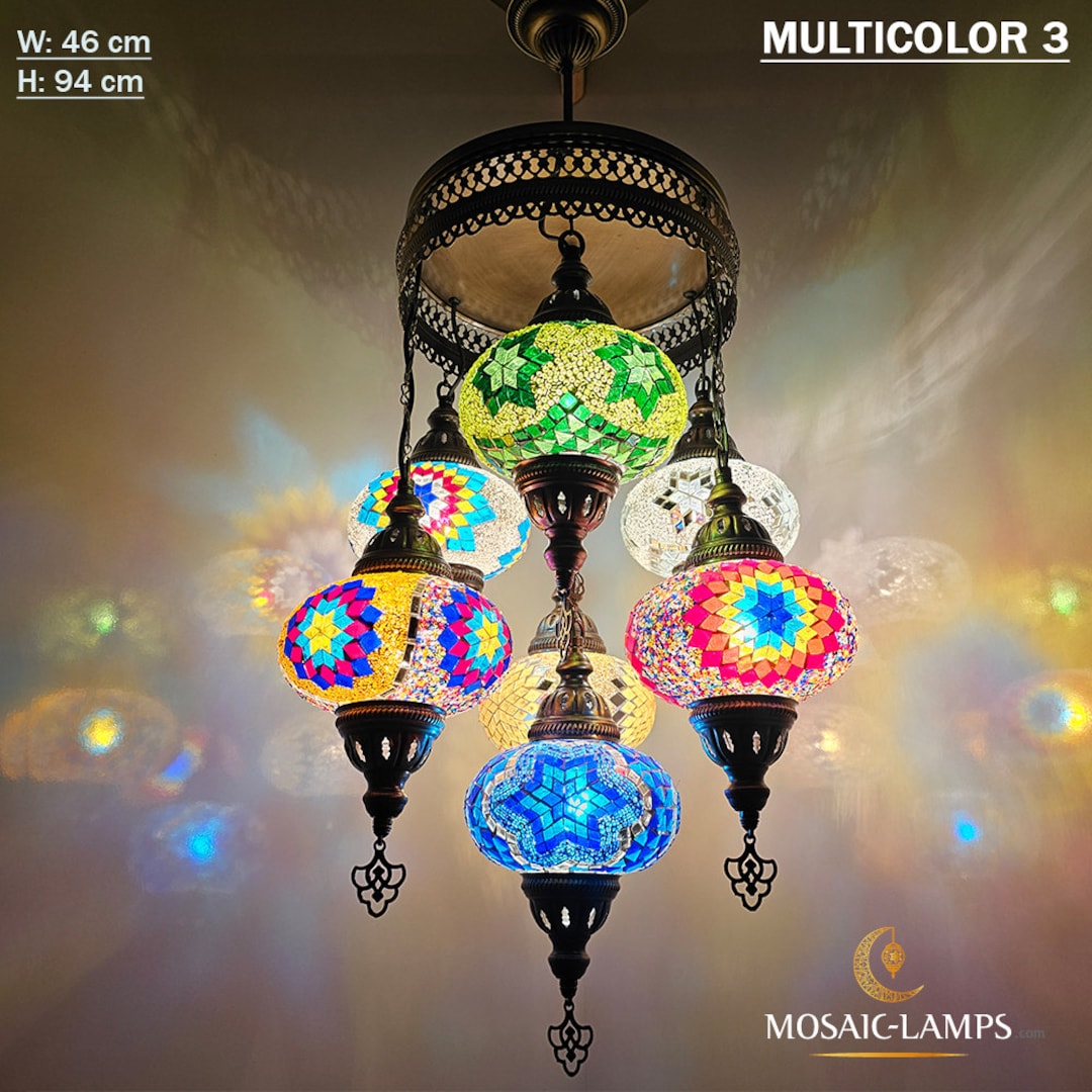 7 Globe Turkish Sultan Chandeliers, Large Ball Moroccan Handmade Mosaic ...