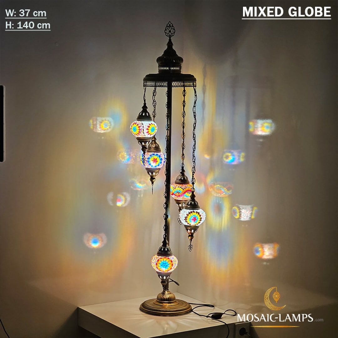 5 Globe Floor Lamps, Medium Ball Turkish Mosaic Bedside Lamp, Moroccan ...