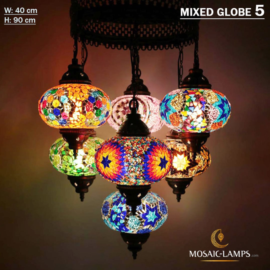 7 Globe Turkish Sultan Chandeliers, Large Ball Moroccan Handmade Mosaic ...