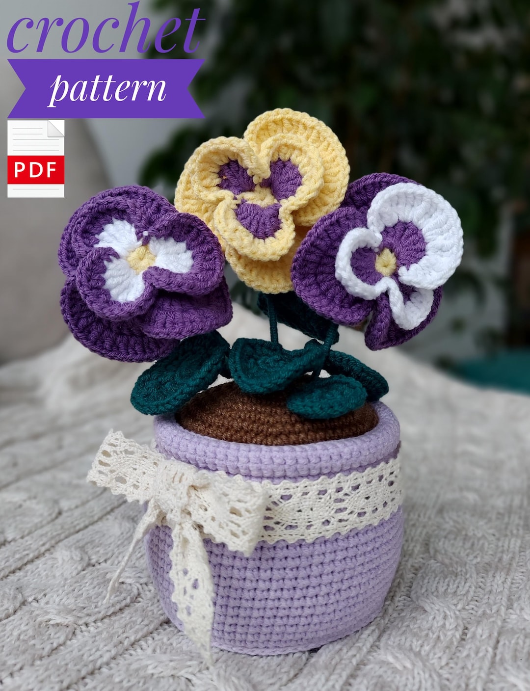 Pansies in a Pot, Crochet Pattern PDF in Eng, Flower Knit, Beautiful ...