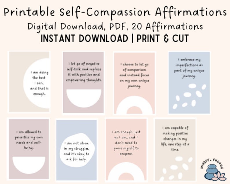 Printable Self-compassion Affirmations | Instant Download | Affirmations for Self-love and Self ...