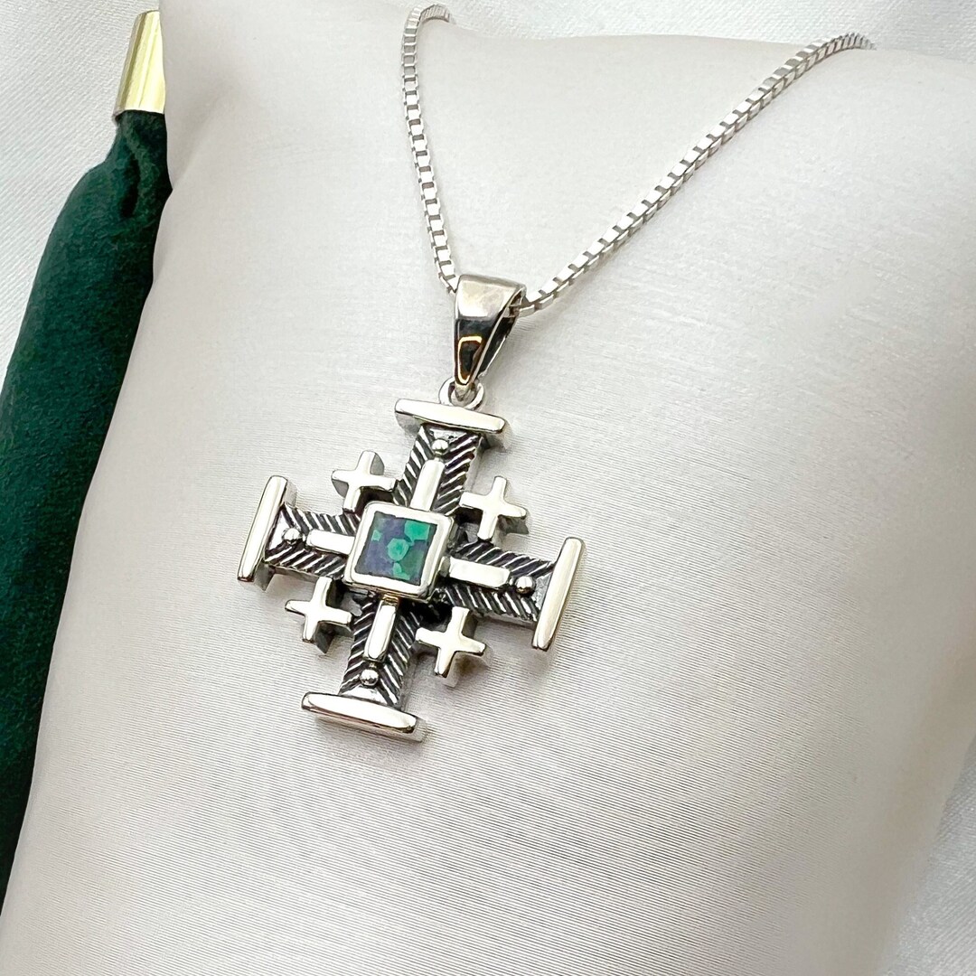King Solomon Eilat Stone Jerusalem Cross Pendant: Sterling Silver (925 ...