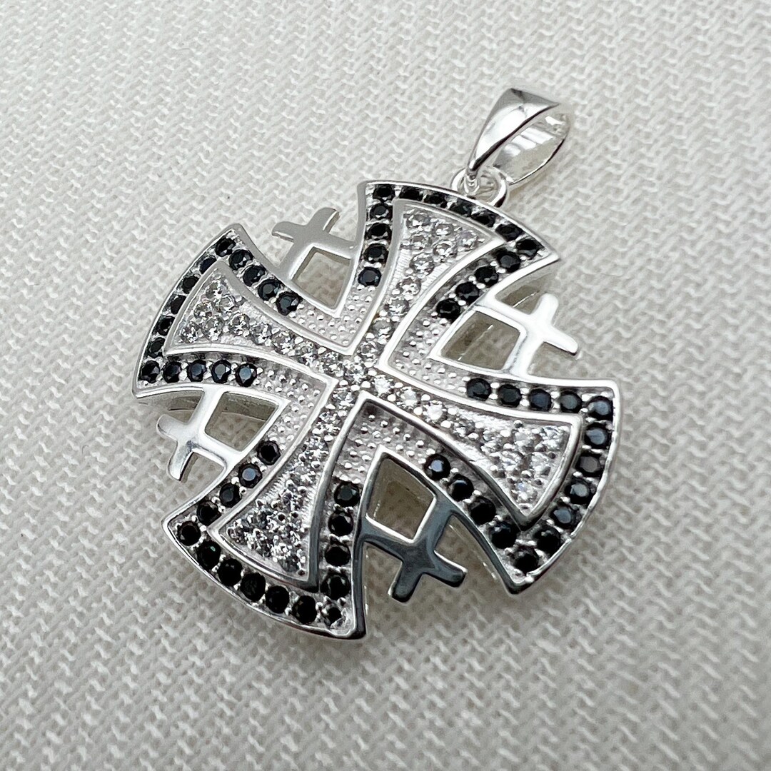 Elegant Jerusalem Cross Pendant | Dazzling Black & White Zircons ...