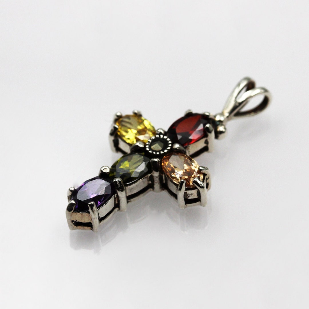 Classic Cross With Oval Shape Colorful Austrian Crystals (silver 925 ...