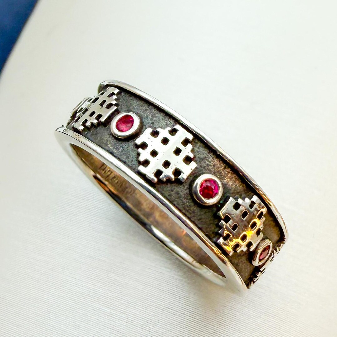 Jerusalem Cross Ring | Christian Band With Ruby Accents | Handmade Gift ...