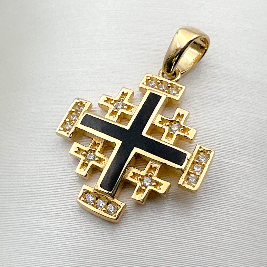 Handmade 14k Gold Jerusalem Cross Pendant, Black Enamel, Cubic Zircons ...