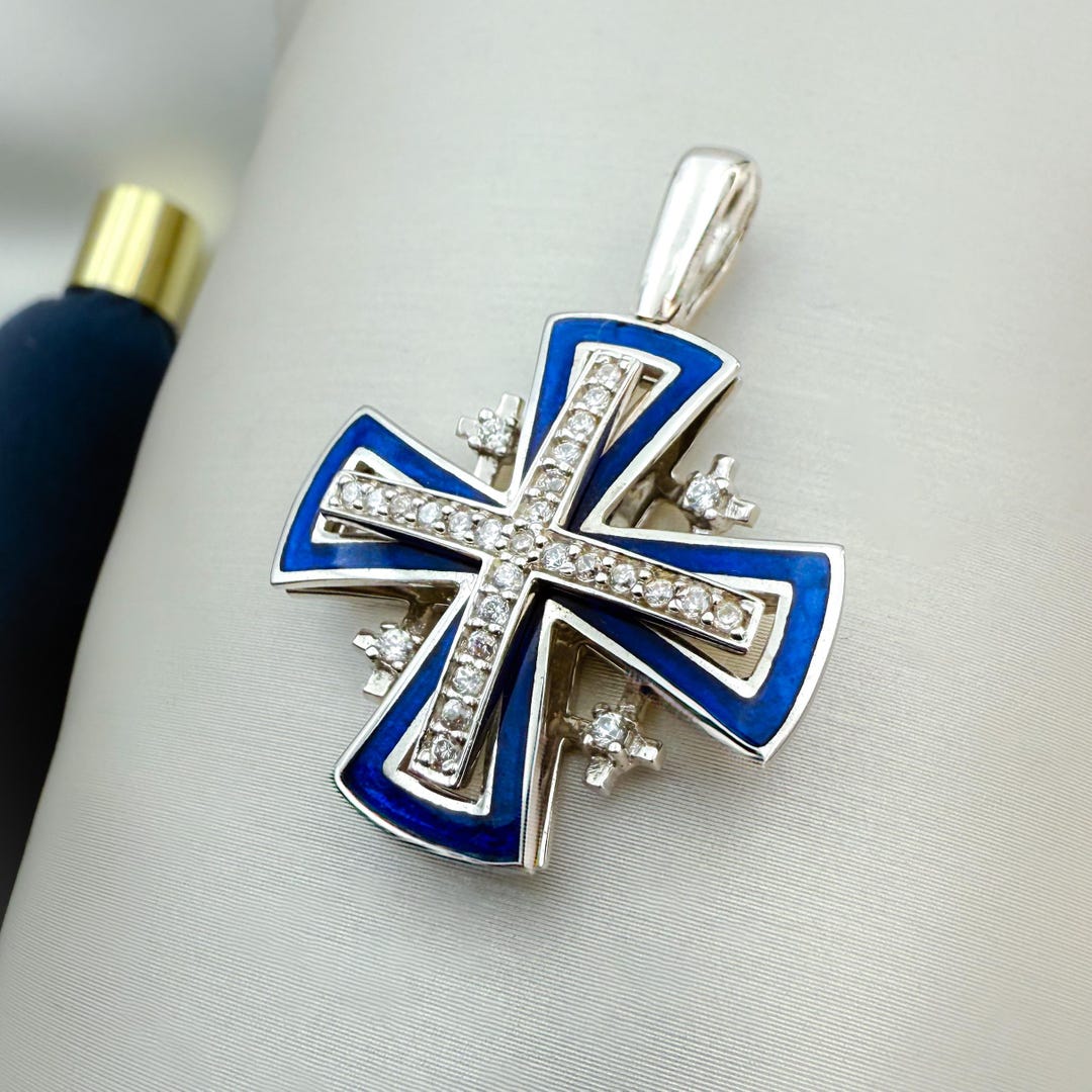 Christian Jerusalem Cross Pendant | Blue Enamel & Zircons | Church ...