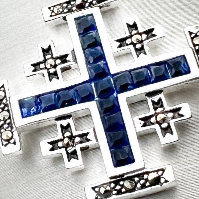 Jerusalem Cross Pendant | Blue Sapphire & Marcasite Accents | Silver ...