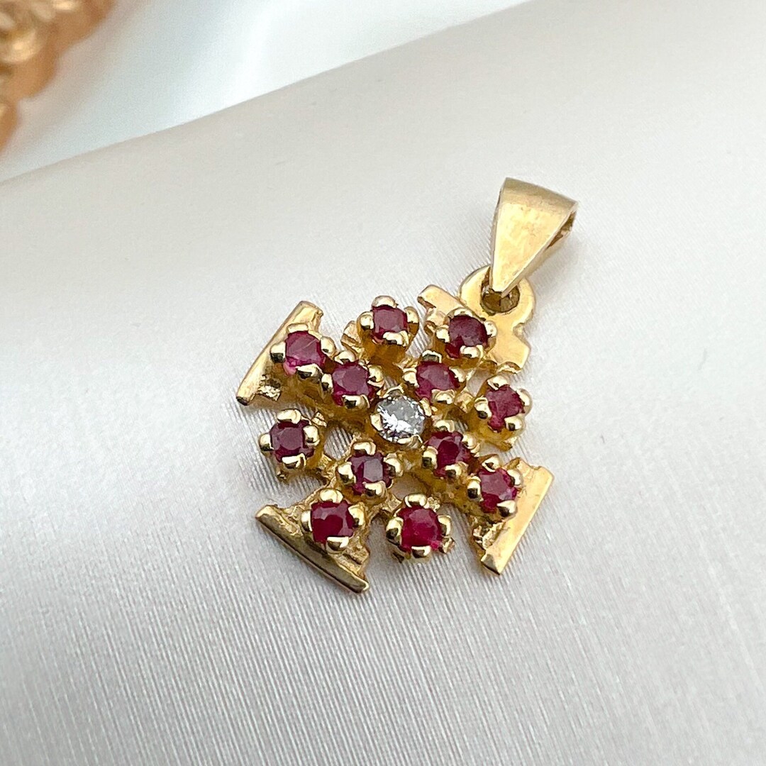 Jerusalem Cross 14k Yellow Gold With Rubies & Diamond 0.03ct - 0.45x0 ...