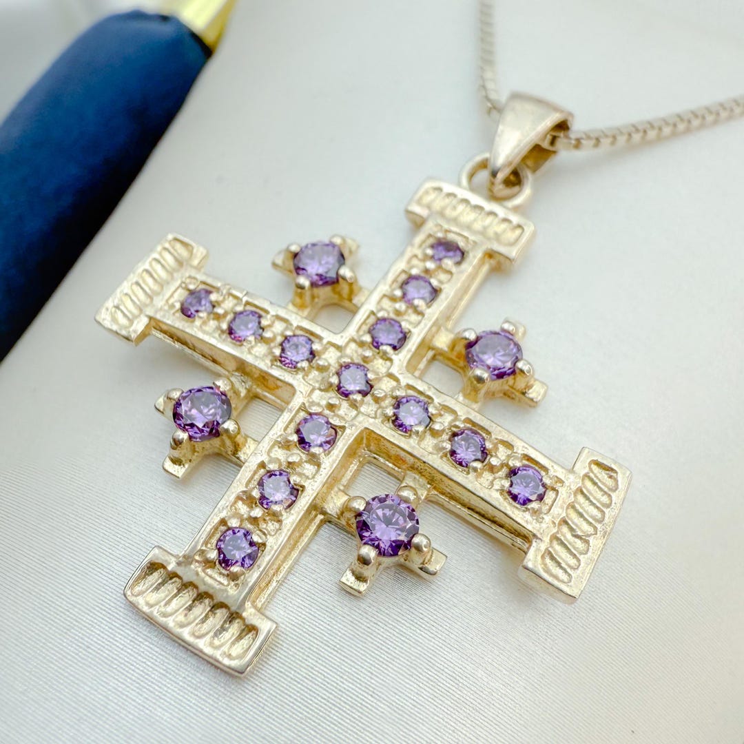 Jerusalem Cross Pendant With Amethyst Stones | 925 Sterling Silver Holy ...