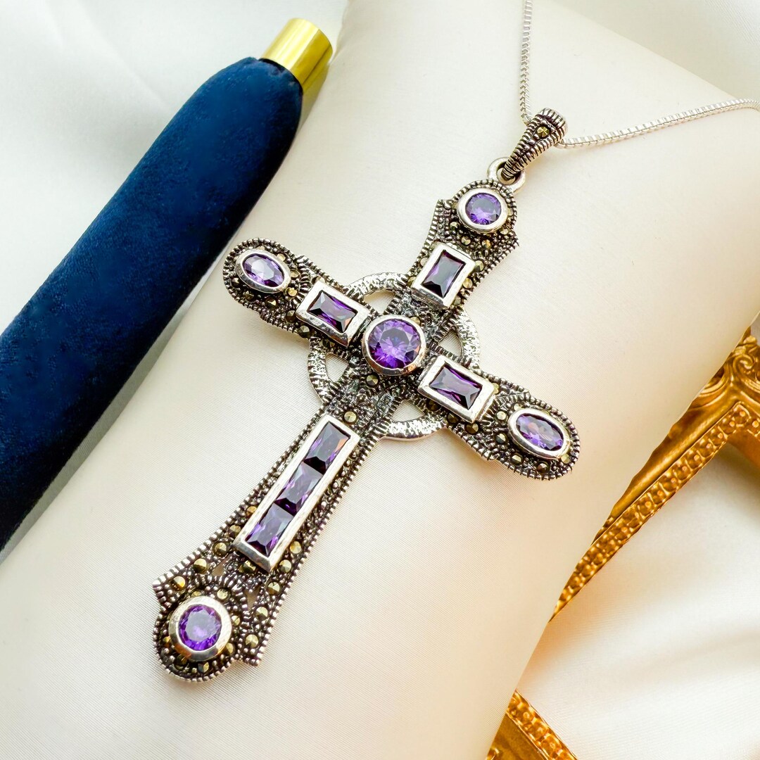 Extra Large Orthodox Catholic Cross Pendant | Amethyst & Marcasite ...