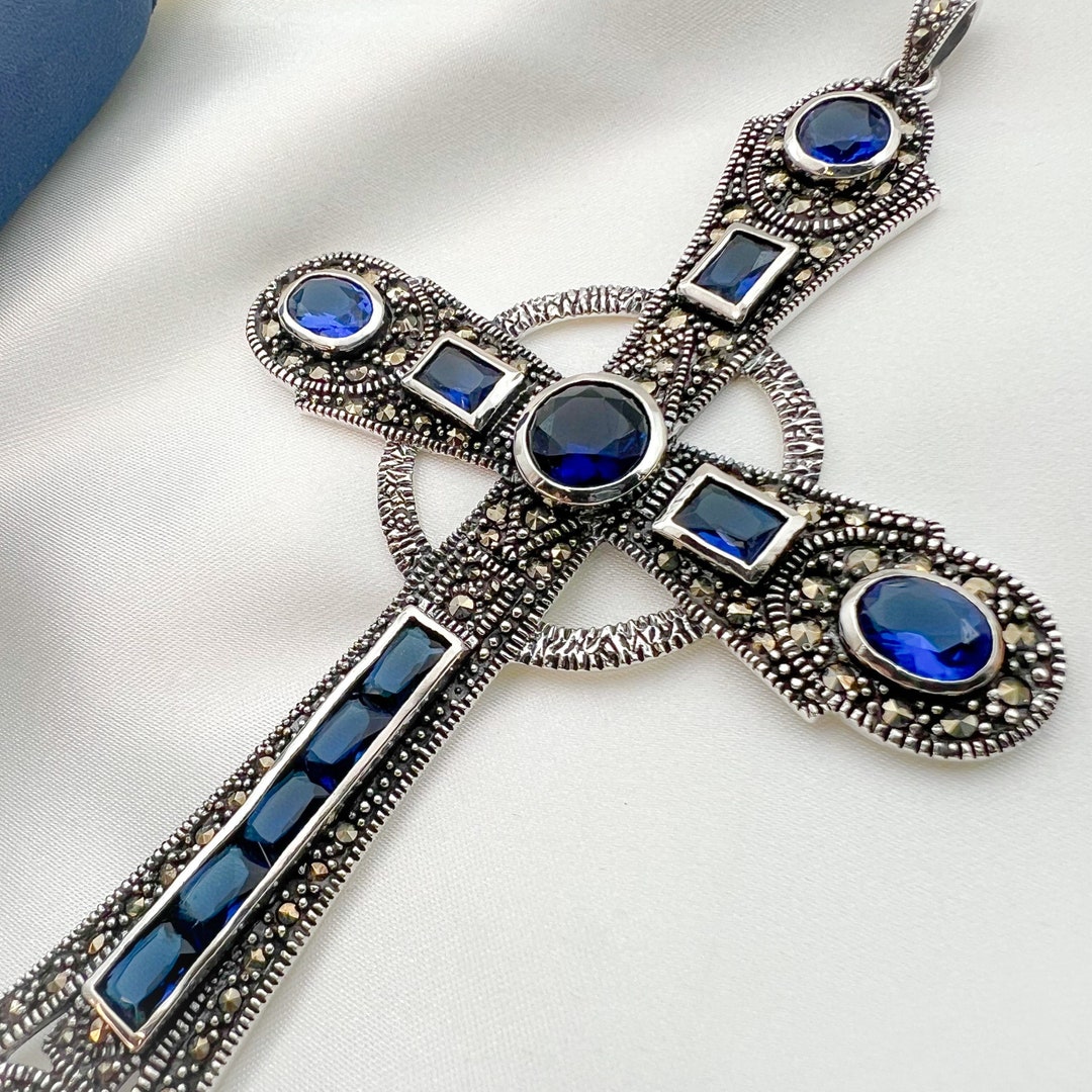 Handmade Orthodox Catholic Cross | 5x3 Inch Extra Large Blue Sapphire ...