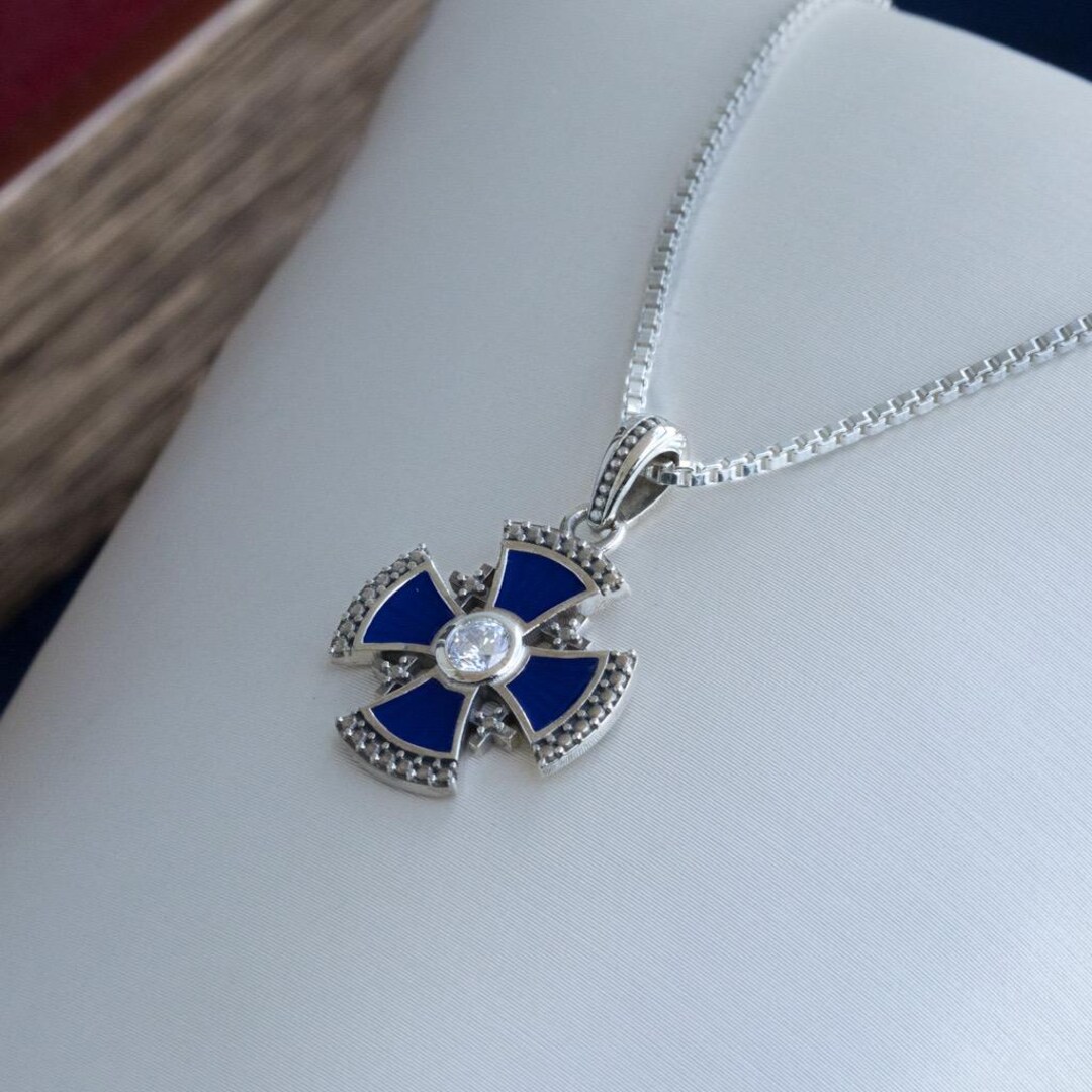 Blue Enamel Jerusalem Cross Pendant | White Zircon Accent | Includes ...