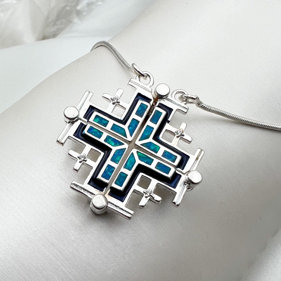 Jerusalem Cross Opening Pendant - 2-in-1 (925 Silver) With Blue Opal ...