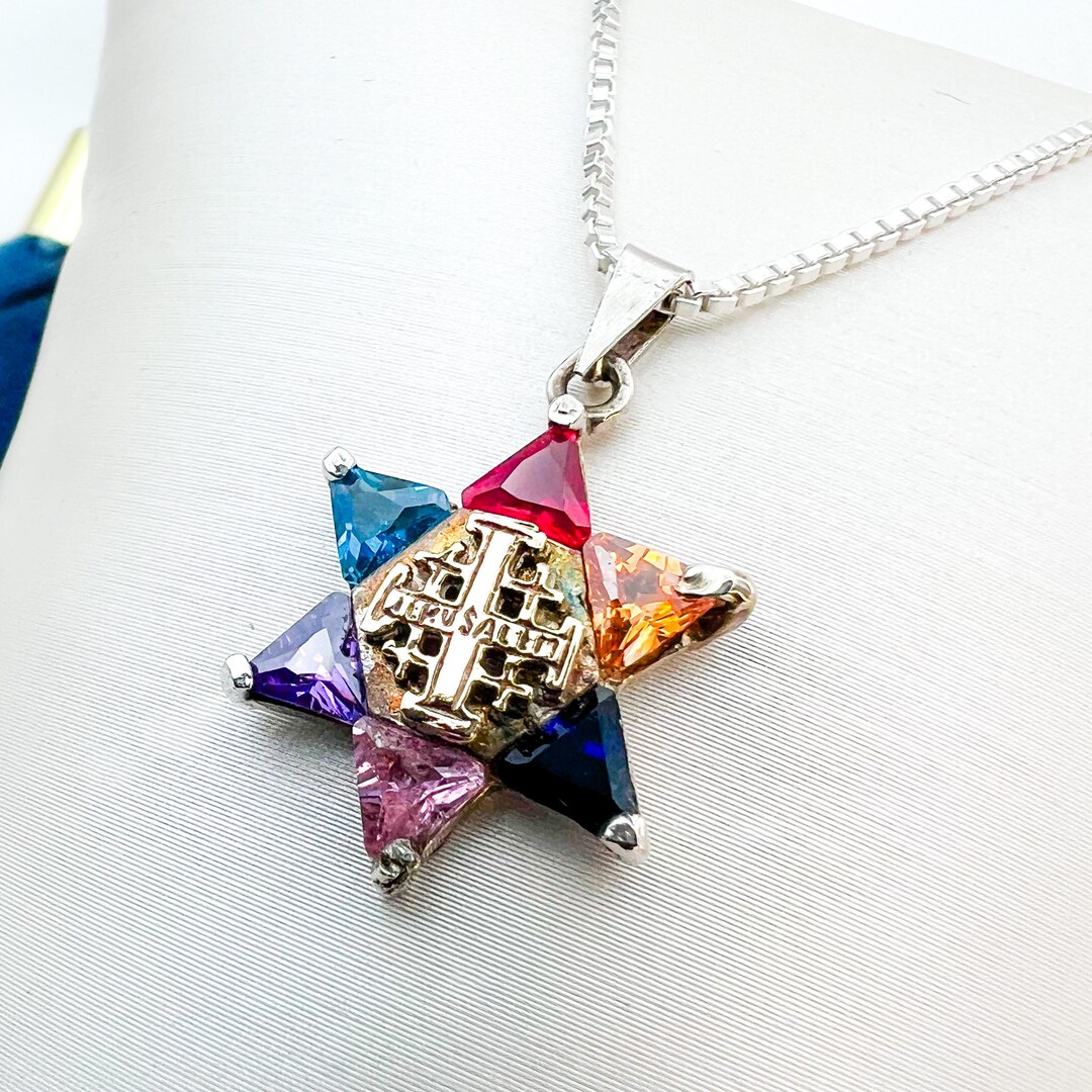 Messianic David Star Pendant | Jerusalem Cross & Vibrant Stones ...