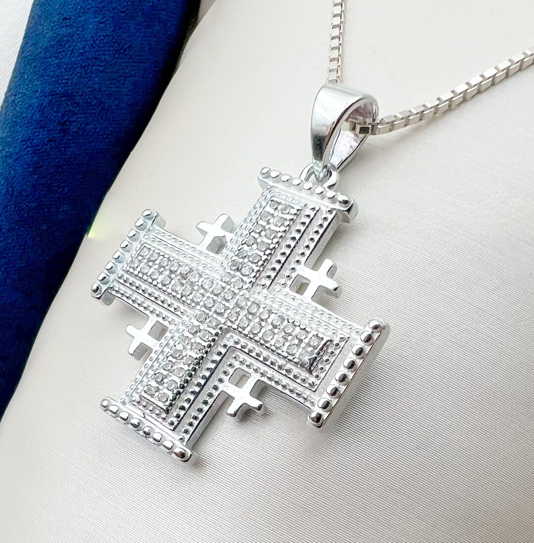 Exquisite Jerusalem Cross Pendant: Silver 925 With Inlaid White ...