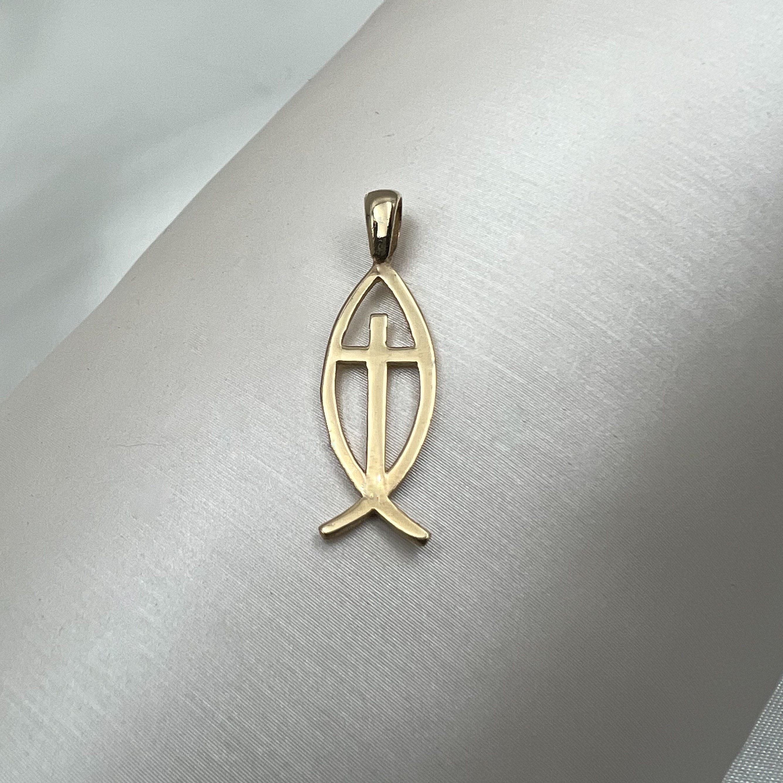 The Fish & Cross Pendant 14k Yellow Gold - 0.95x0.35 Inch - Etsy