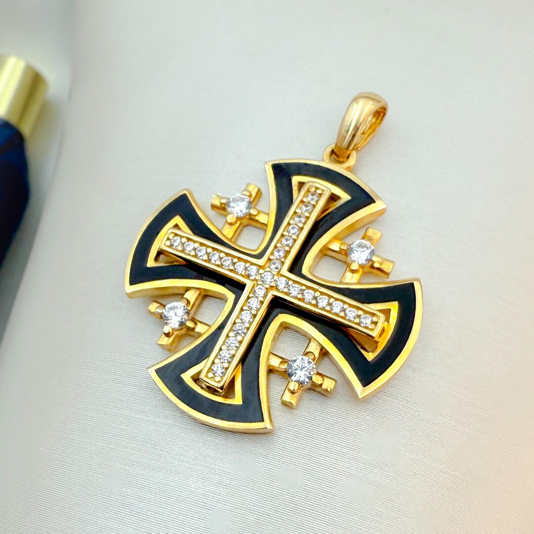 Jerusalem Cross Pendant | Church Gift With Black Enamel & White Zircon ...