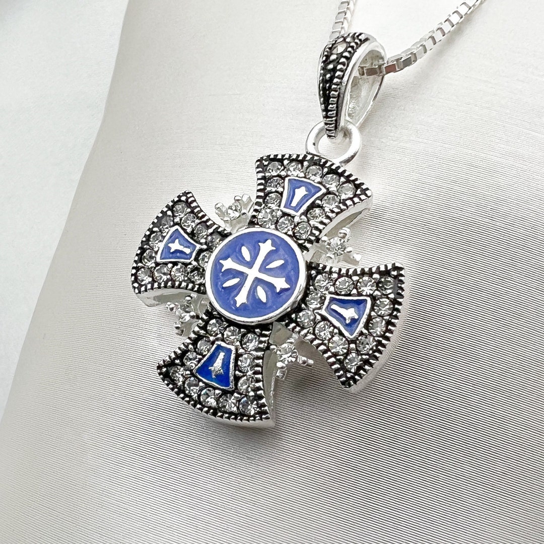 Elegant Jerusalem Cross Pendant With Zircons & Blue Enamel 925 Silver ...
