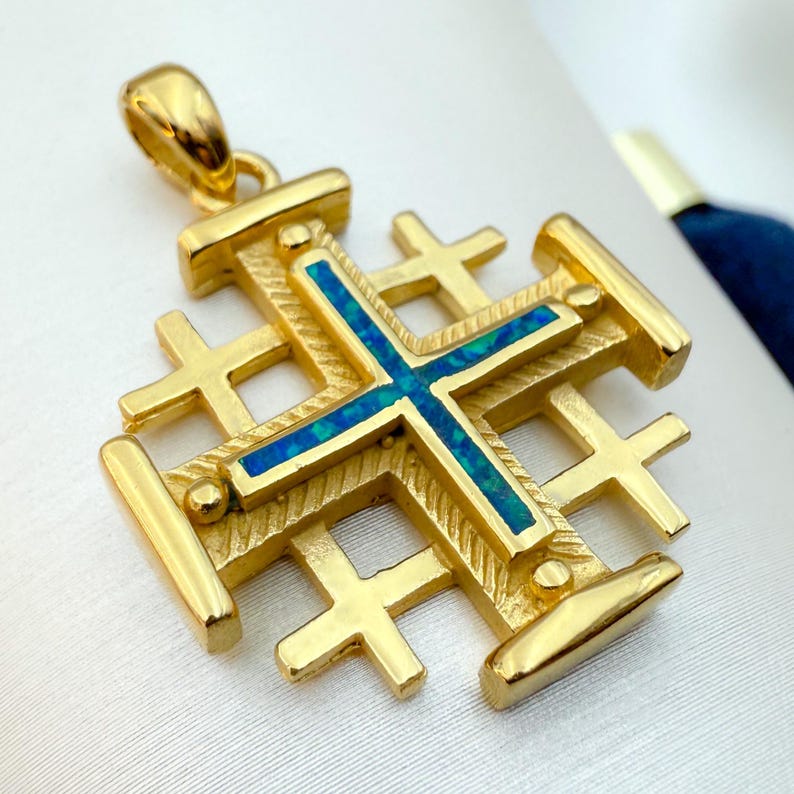 Blue Opal Jerusalem Cross Pendant | Christian Necklace | Holyland ...