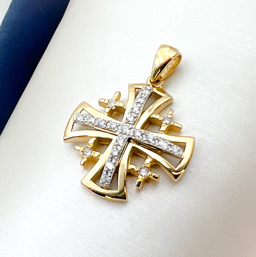 Jerusalem Cross 14k Gold Pendant With 25 Diamonds (0.35ct): Handmade ...