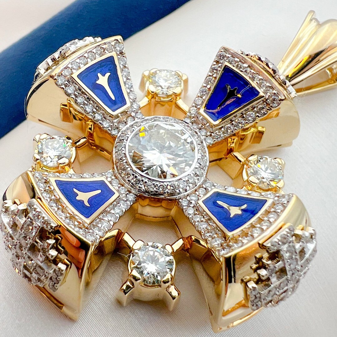 Exquisite Jerusalem Cross Pendant - 14k Gold & Blue Enamel - 1.70 Ct ...