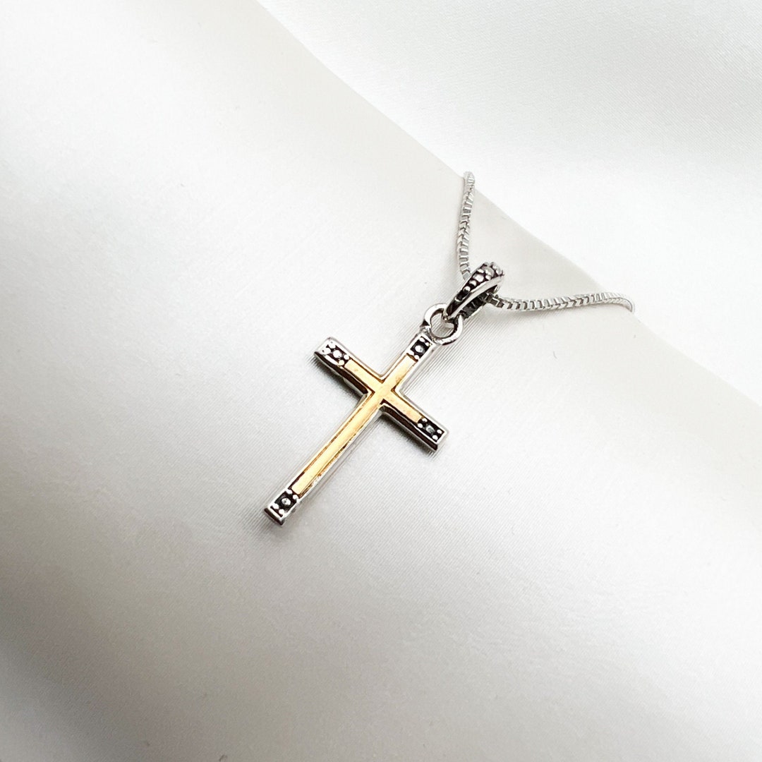Silver & Gold Cross Pendant + Chain (silver 925+gold 14k) - Etsy