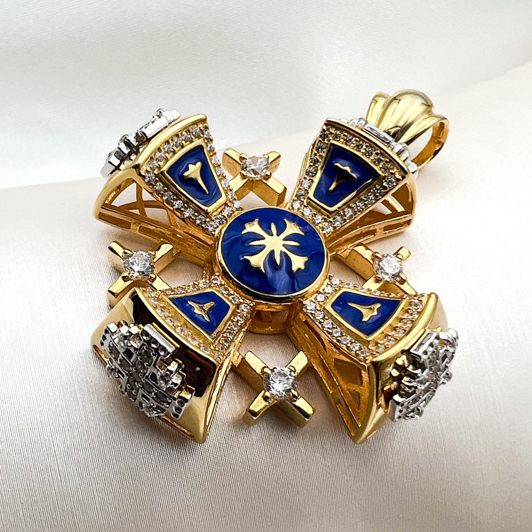 Jerusalem Cross Pendant | Silver 925 With 18K Gold Layer, Blue Enamel ...